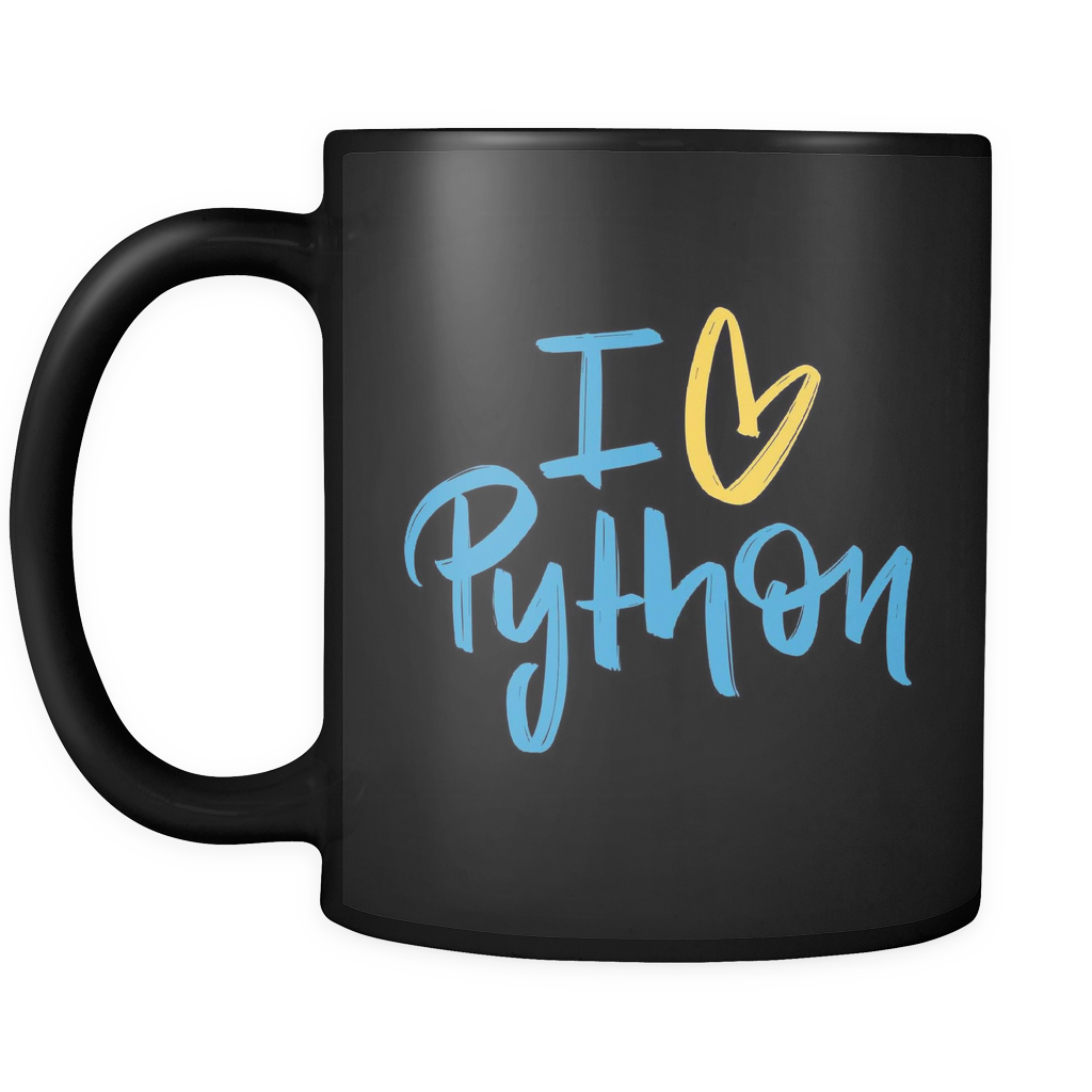 "I Love Python" Mug (Black) Nerdlettering